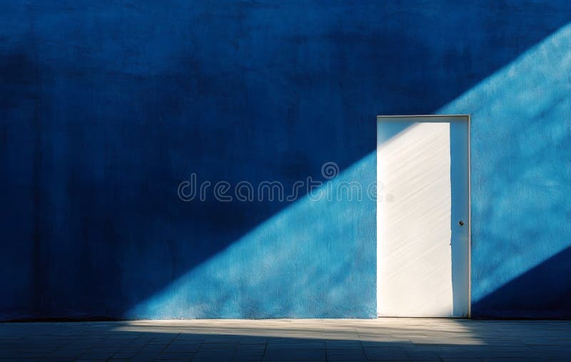 White Door on a Blue Wall Illuminated by a Sunbeam Creating a Striking ...