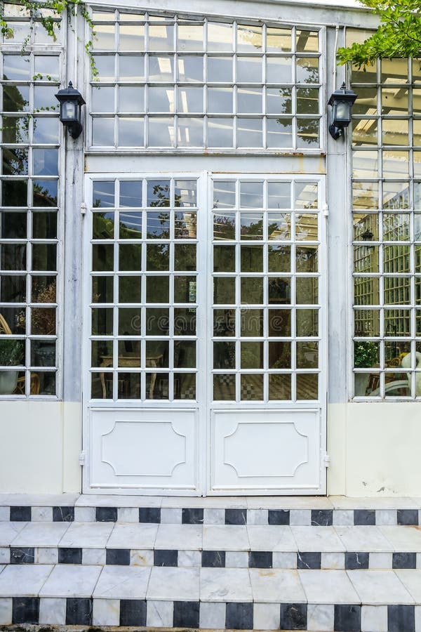 White Door Glass and Green Leaf Stock Photo - Image of nature, home ...