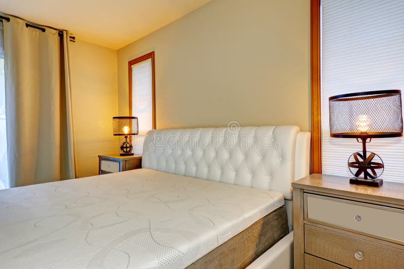 White Double Bed Front View, with Two Lamps on Bedside Tables. Stock ...