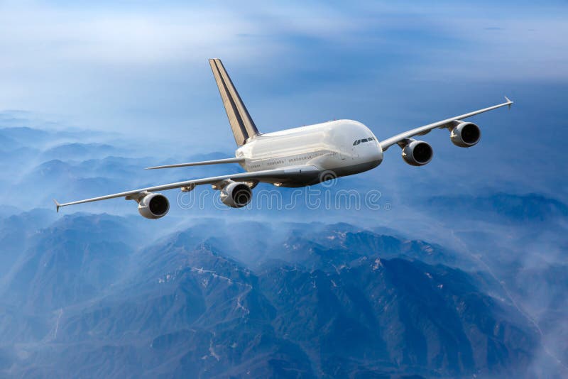 White Double Decker Passenger Plane in Flight. Front View. Stock Image ...