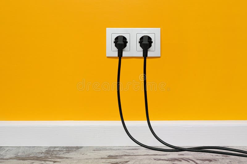 White Double Outlet on Yellow Wall Stock Photo - Image of room, shock ...