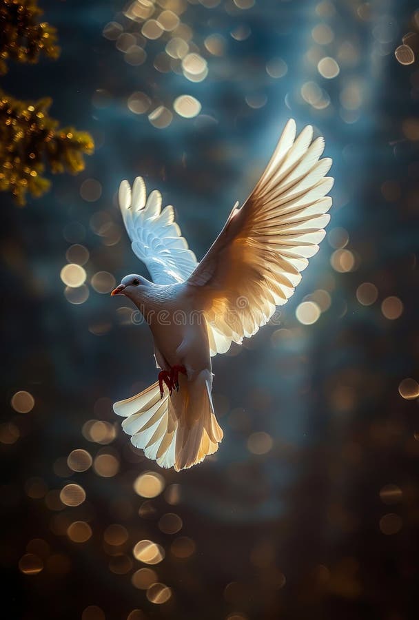 White Dove. a White Dove in the Air with Wings Wide Open in-front of ...