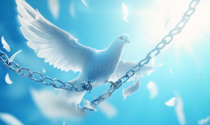 White Dove Break Chains on Bright Blue Sky. Dove of Peace Stock ...
