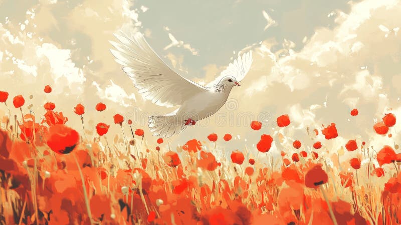 A White Dove Flies Over a Field of Red Flowers Stock Illustration ...