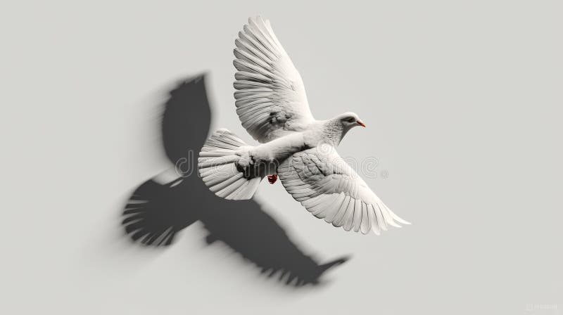 White Dove in Flight Casting a Shadow on Light Background for Peaceful ...