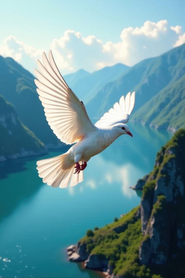 White Dove in Flight, Serene Coastal Mountains , Cliff, Vacation, Peace ...