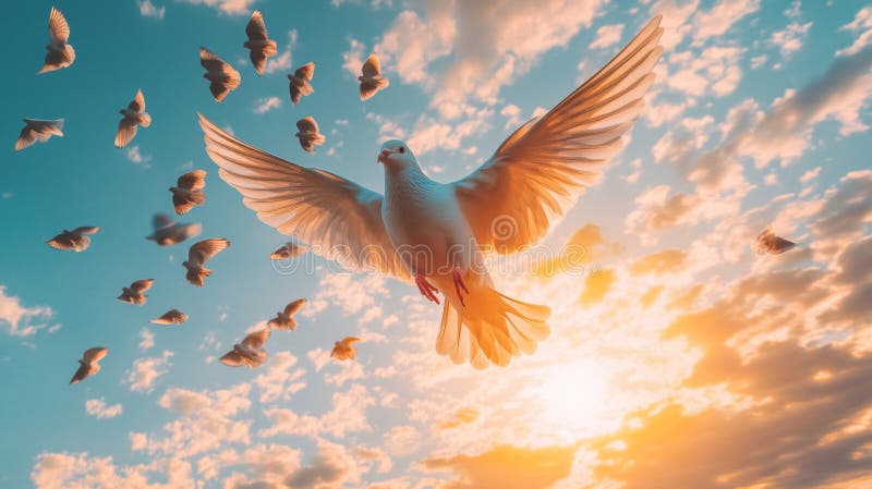 White Dove in Flight at Sunset Stock Illustration - Illustration of ...