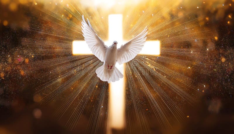 White Dove Flying in Front of Glowing Cross on Dark Golden Background ...