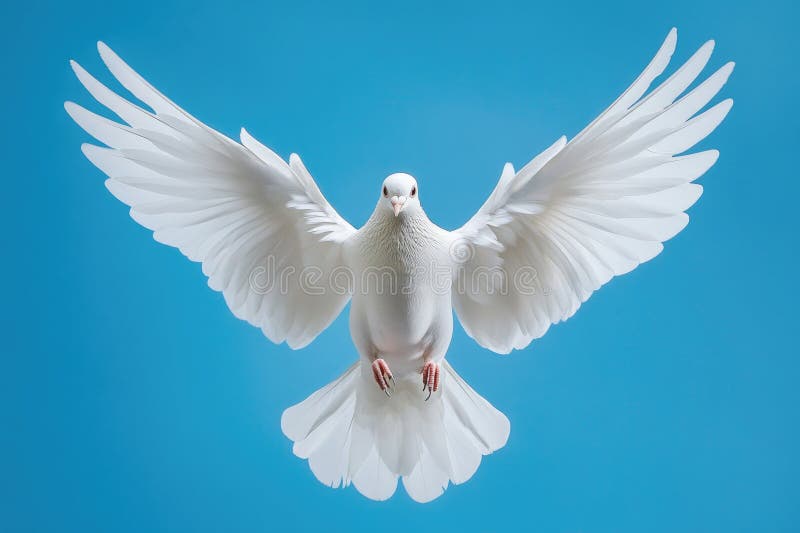 A White Dove Flying with Outstretched Wings, Front View, on a Bright ...