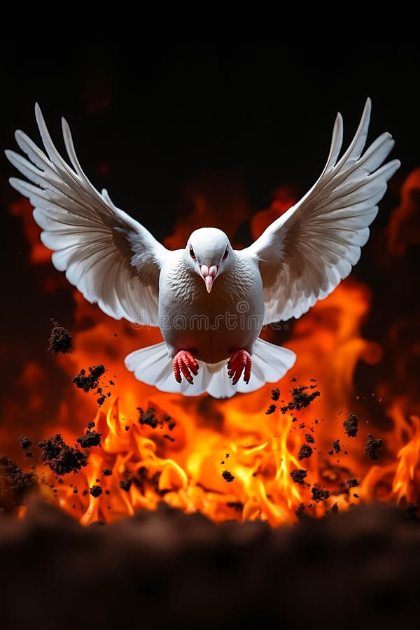 A White Dove Flying Over a Fire with Its Wings Spread Stock Image ...