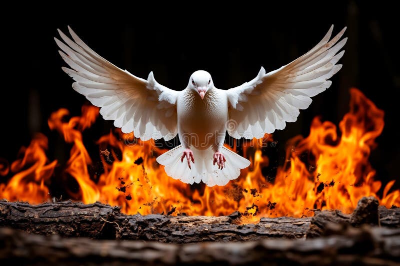 A White Dove Flying Over a Fire with Its Wings Spread Stock Photo ...