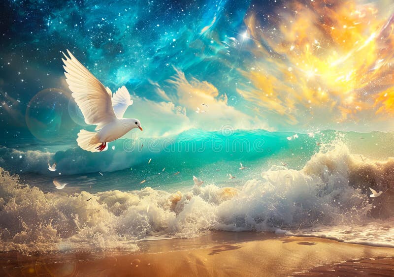 A White Dove Flying Over the Ocean with Stars and Waves Stock Image ...