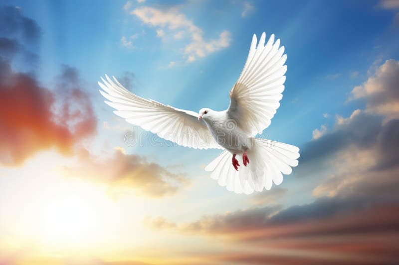 A White Dove Flying Over the Sun in a Cloudy Sky, in the Religious ...