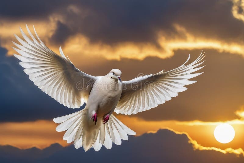White Dove Flying on Sky in Beautiful Sunset Light for Freedom Concept ...