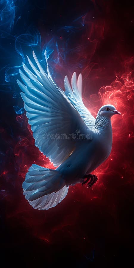 A White Dove Flying in the Sky with Red and Blue Flames Stock Photo ...