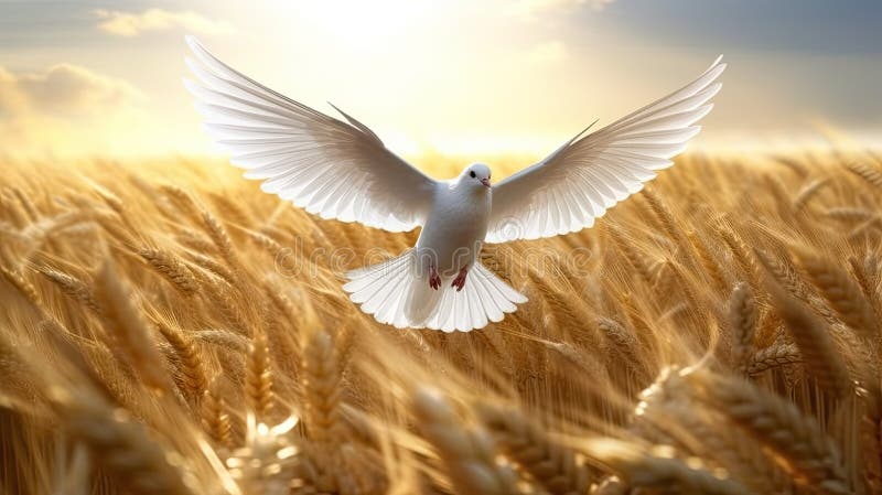 White Dove Flying in a Wheat Field at Sunset. Generative AI. Stock ...