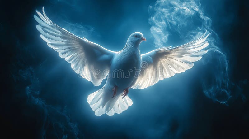 Dove Soaring through a Misty Blue Atmosphere with Outstretched Wings ...
