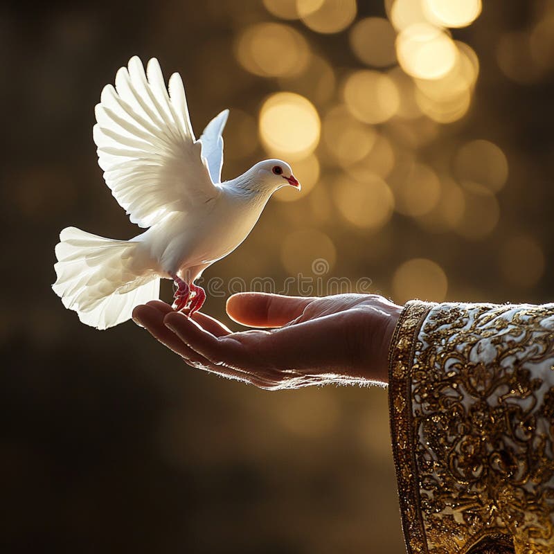 White Dove Landing in a Hand. Generative AI Stock Illustration ...