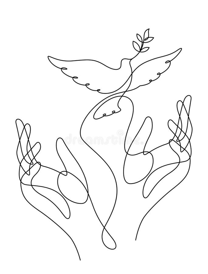 White Dove with Olive Branch and Caring Hands One Line Drawing Stock ...