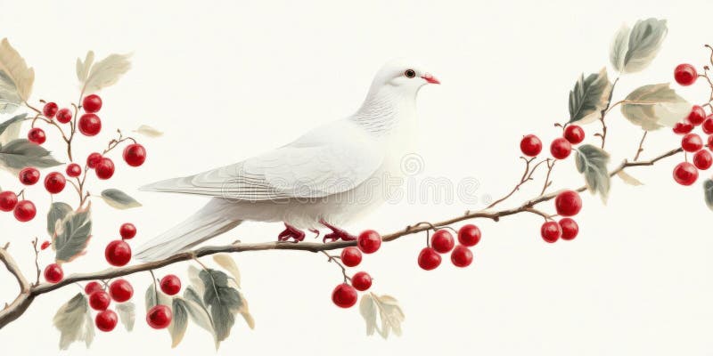 White Dove Perched on a Branch with Red Berries and Calmness Theme ...