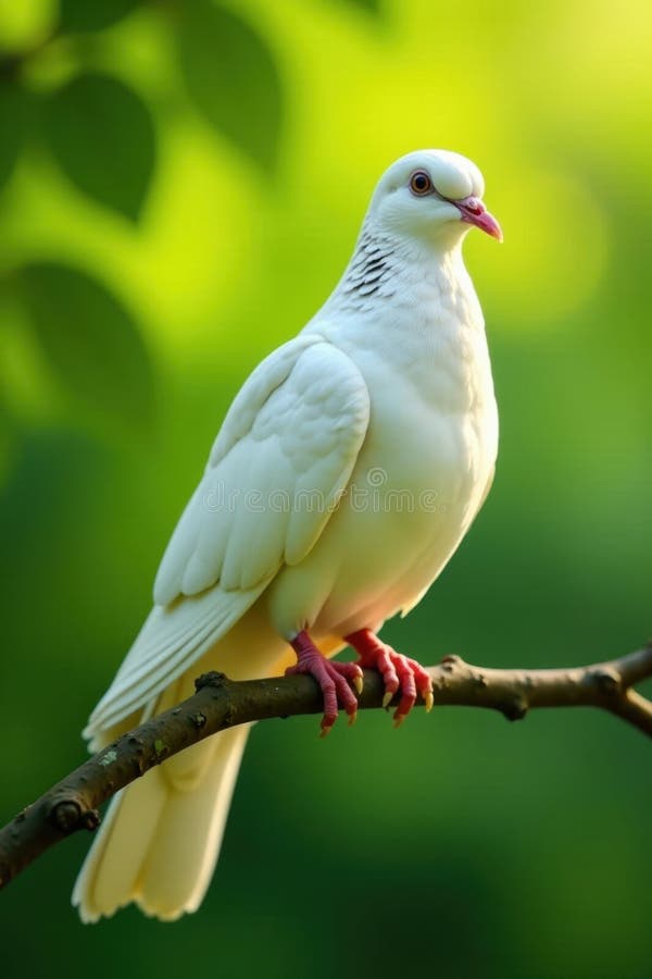 White Dove Perched on a Slender Tree Branch, Sunlight Dappled Feathers ...