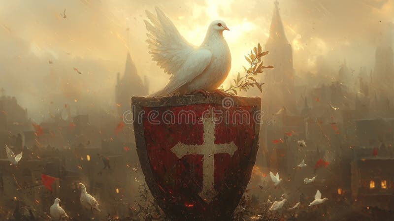 White Dove Perches on Medieval Shield Featuring Glowing Cross Holding ...