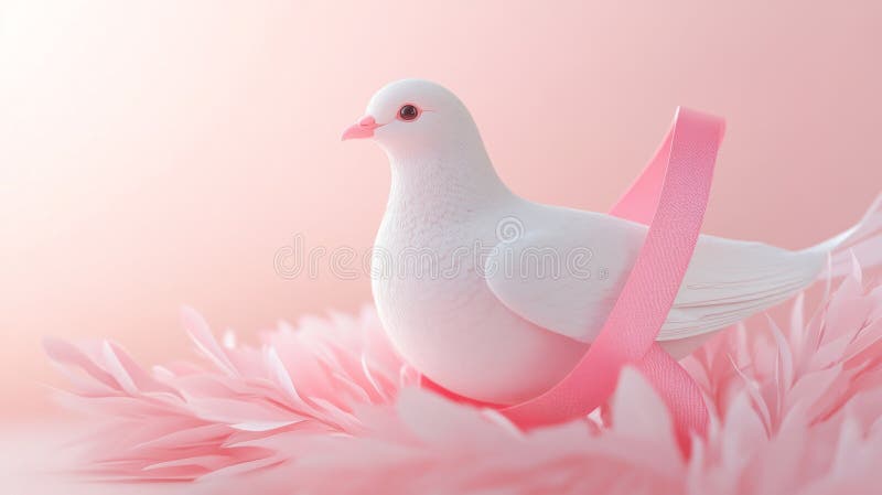 White Dove with Pink Ribbon on Pink Feathers Stock Illustration ...