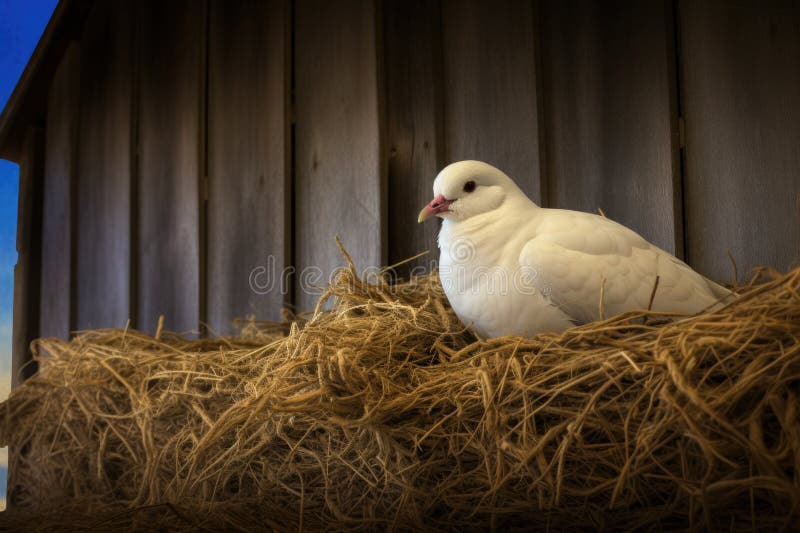 A White Dove Resting on a Hay Bale, with an Old Rustic Fence Behind it ...