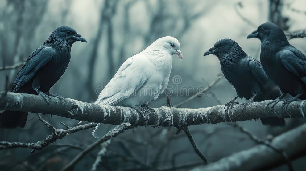 A White Dove Sitting on a Branch Surrounded by Black Crows Stock ...