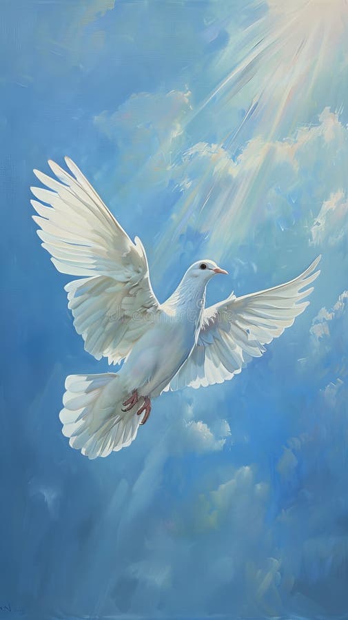 White Dove Soaring in a Blue Sky with Rays of Sunlight, Peaceful and ...