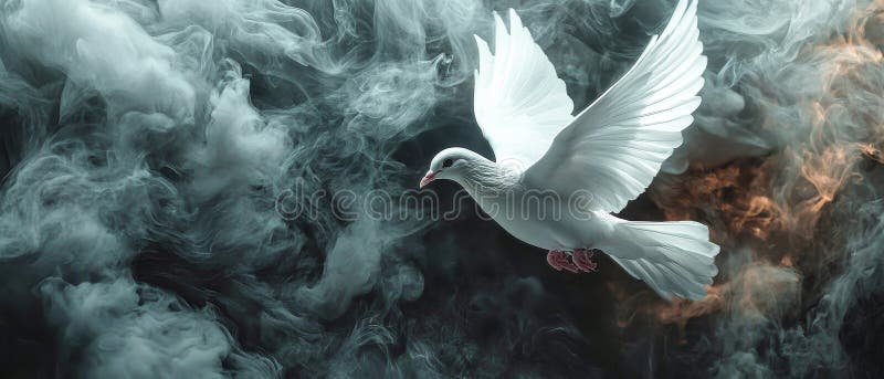 A White Dove Soaring Boldly from the Flames, Surrounded by Dark Smoke ...