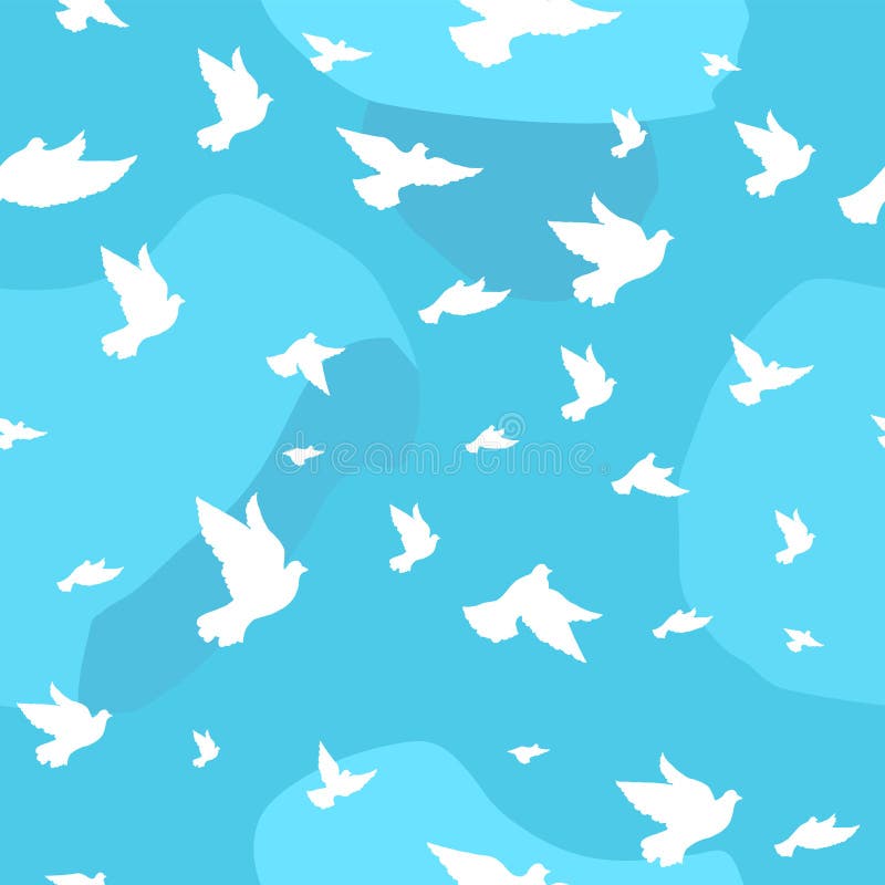 White Doves on a Background of Blue Sky with Clouds. Vector Seamless ...