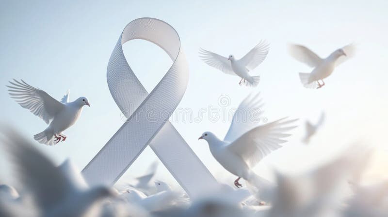 White Doves Surrounding a White Ribbon Symbol of Peace Stock ...