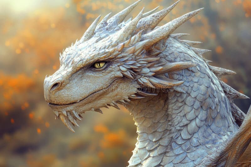 White Dragon Looking Ahead, Emerging from an Autumnal Forest at Dawn ...