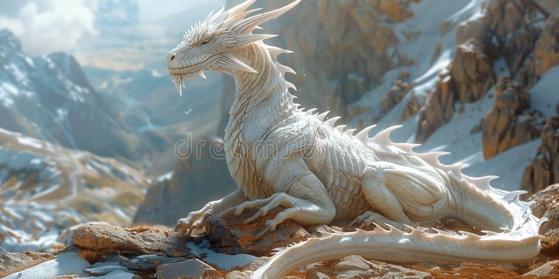White Dragon Perched on Mountain Peak Stock Image - Image of wings ...