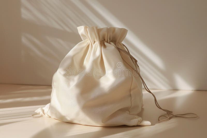 A White Drawstring Bag Sits on the Floor, Ready for Use Stock Photo ...