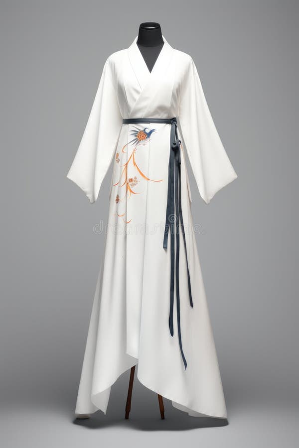 A White Dress with a Blue Sash on a Mannequin. Stock Illustration ...