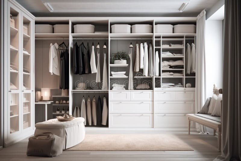 White Dressing Room Interior with Stylish Clothes and Accessories Stock ...