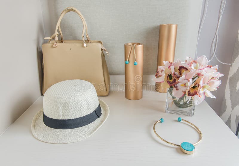 White Dressing Table with Women`s Accessories Stock Image - Image of ...