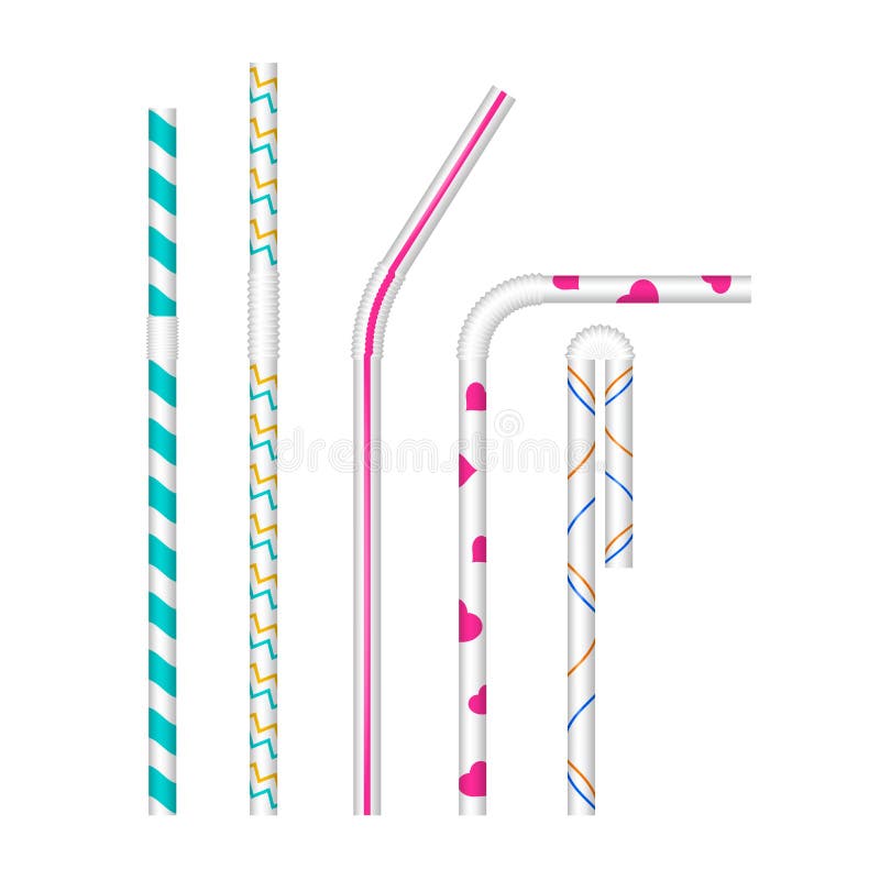 White Drinking Straws with Different Patterns. Vector Realistic Set ...