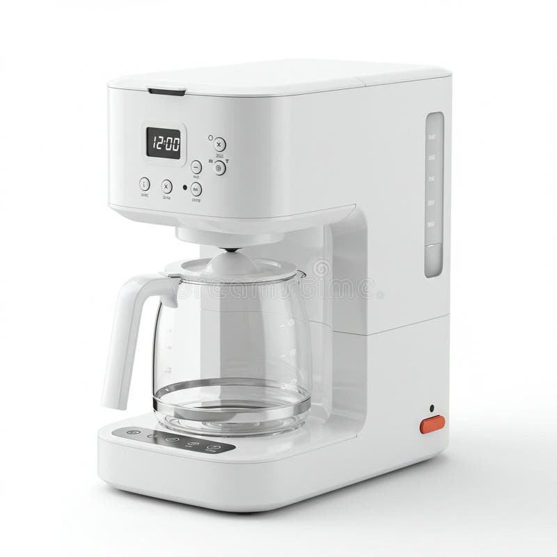 White Drip Coffee Maker with a Digital Clock Display Showing 12:00 ...