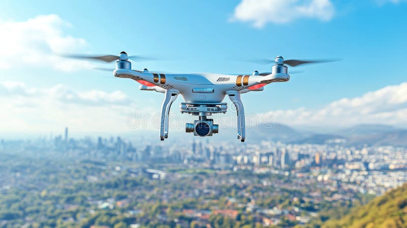 A White Drone with a Camera Flies Over a City with High Rise Buildings ...