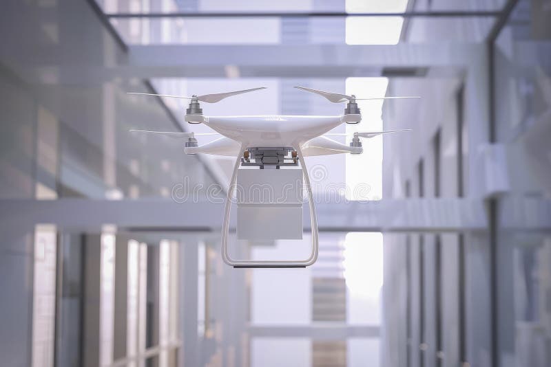 A White Drone with a Cardboard Box Flies Inside an Office Space ...