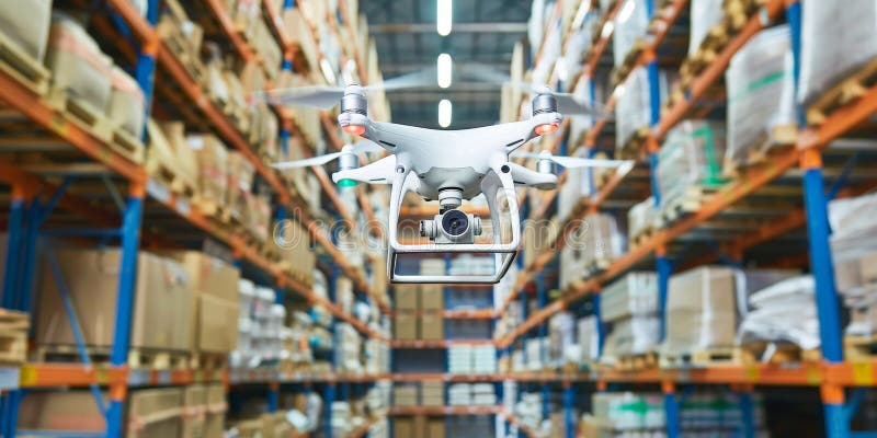 A White Drone is Flying through a Large Warehouse Generated by AI Stock ...