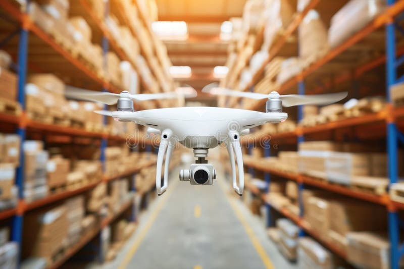 White Drone Flying Over Warehouse Filled with Boxes. Perfect for ...