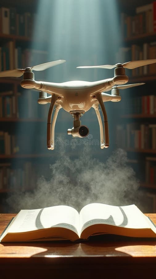 White Drone is Hovering Over an Open Book Stock Photo - Image of motion ...