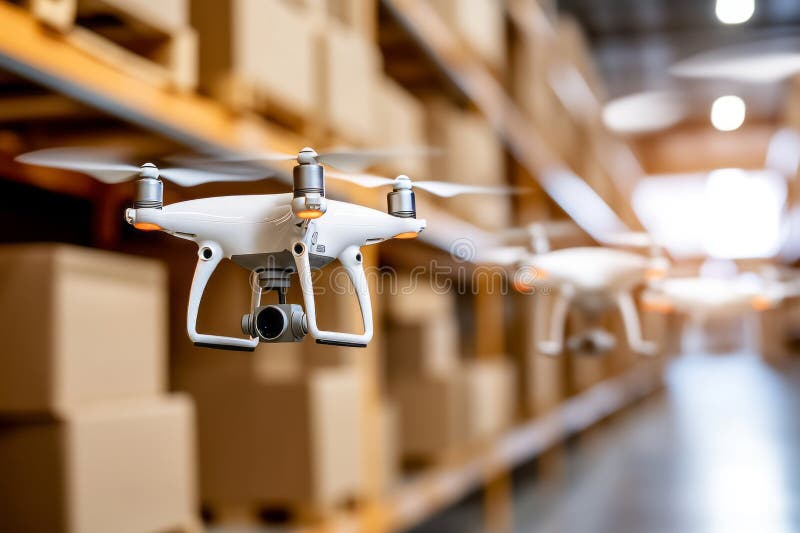 White Drones Flying through Warehouse, Scanning Packages with Cameras ...