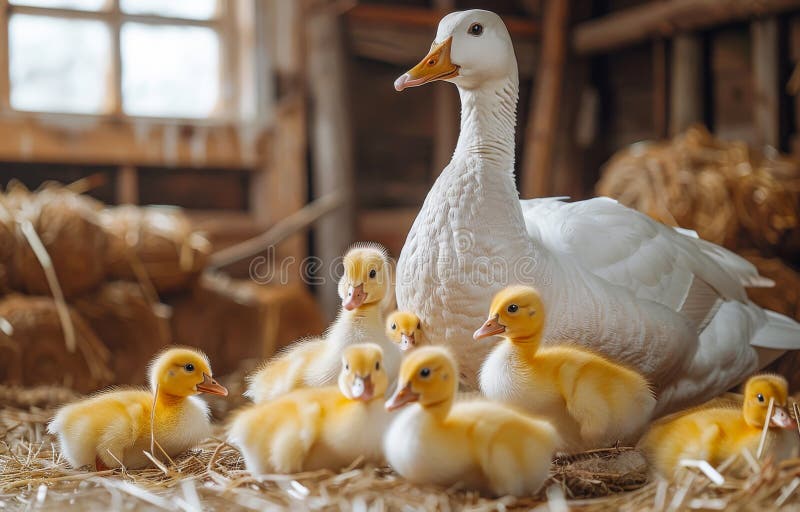 White Duck with Ducklings on the Farm Stock Image - Image of fluffy ...