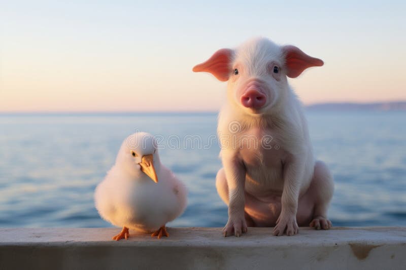 A White Duck and a Pig Standing Next To the Ocean Stock Illustration ...