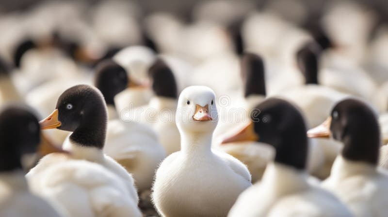 White Duck Standing Out in a Crowd of Ducks Stock Photo - Image of ...
